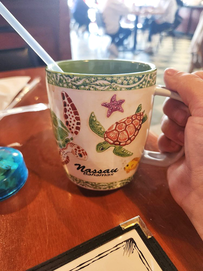 Even the coffee mugs have personality at Fitzy's. This Bahamas souvenir has probably heard more Columbus gossip than any therapist in town.