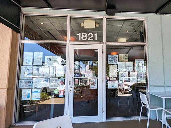 The entrance&mdash;unassuming yet inviting. Behind this glass door lies a world where calories don't count and burger dreams come true.