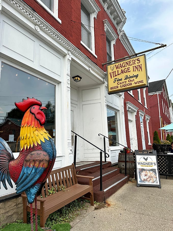 The colorful rooster stands guard at Wagner's entrance, a fitting mascot for a place that's elevated humble poultry to legendary status.