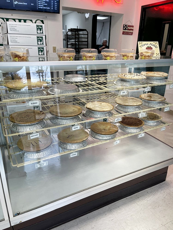 The display case at Mehaffies isn't just a refrigerator &ndash; it's a museum of edible art where every pie deserves its own velvet rope and security guard.