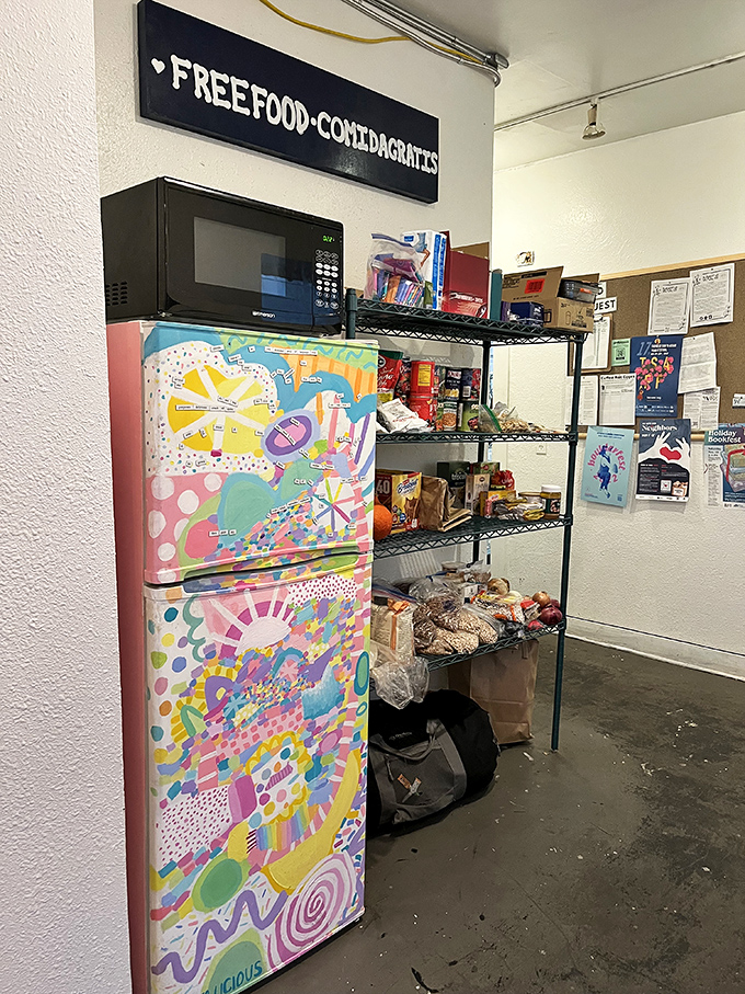 The colorfully decorated "Free Food" pantry reveals the heart behind this business&mdash;proving that the best establishments nourish both body and community.