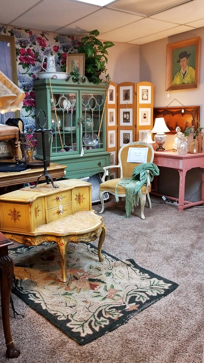 Pastel-painted furniture arranged like a living room from a more gracious era&mdash;when chairs were for sitting and conversations lasted hours.
