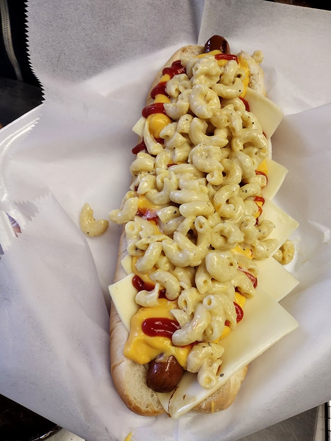 The mac and cheese dog&mdash;where comfort food meets more comfort food. Like your childhood and adulthood favorites decided to throw a party together.