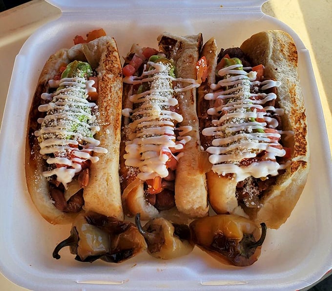 The holy trinity of Sonoran hot dogs. Those grilled peppers on the side aren't garnish &ndash; they're the backup singers that complete the band.