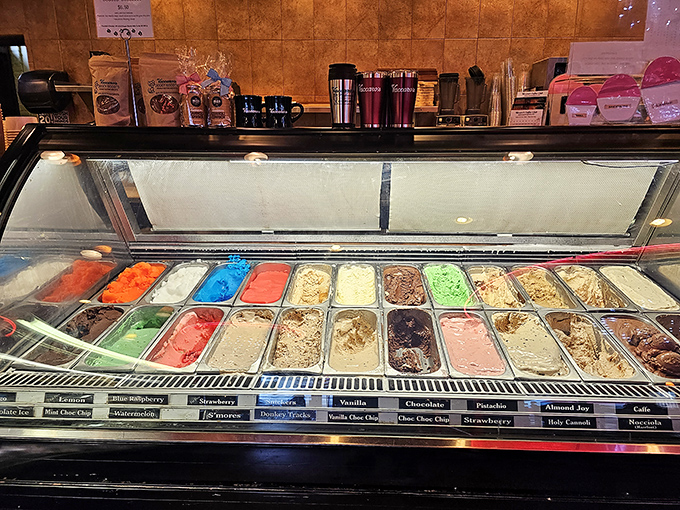 The gelato case offers a rainbow of frozen possibilities, each flavor patiently waiting its turn to become someone's moment of joy.