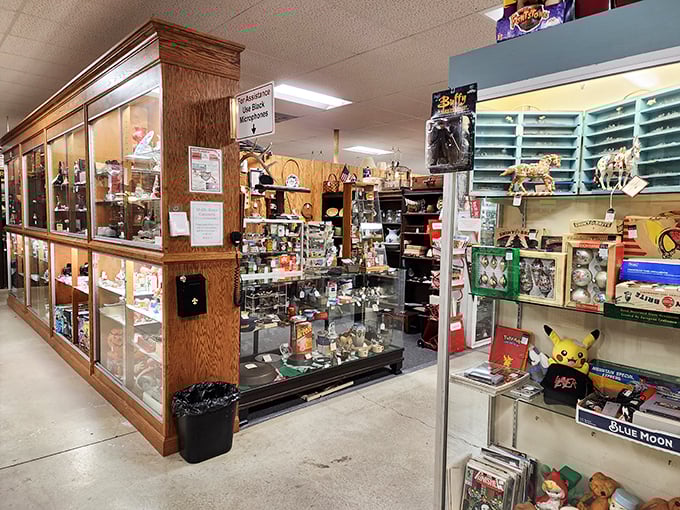 Display cases protect treasures both precious and peculiar, where vintage toys and collectibles wait for someone to recognize their worth beyond mere dollars.