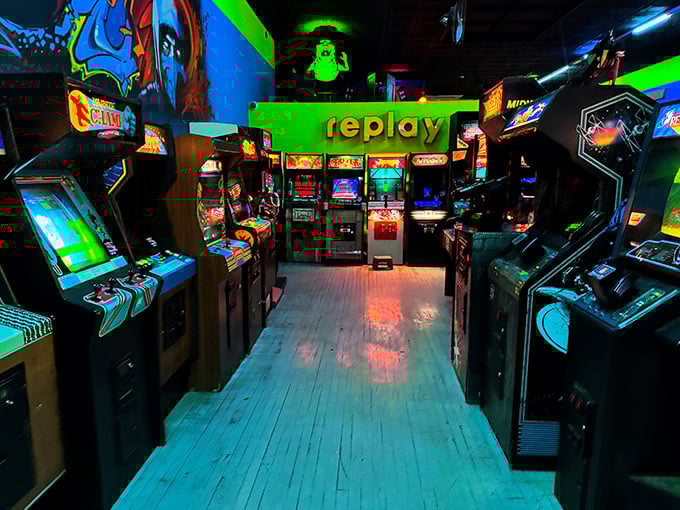 Corridors of cabinets create a maze of gaming possibilities. Each machine stands ready to transport players back to simpler times&mdash;one quarter at a time.