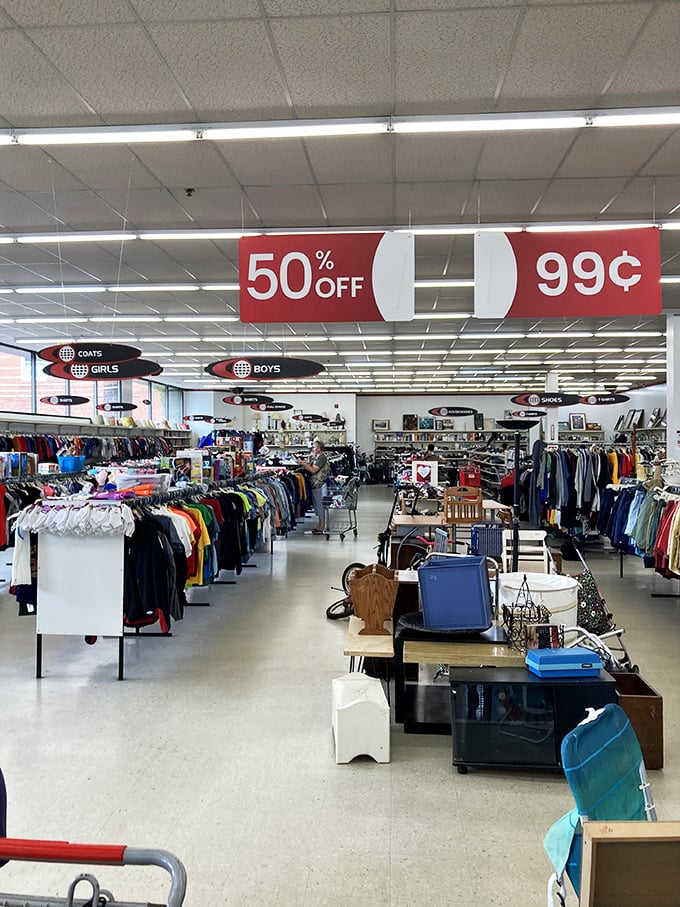 The grand vista of Value World's interior. Under those 50% and 99&cent; banners lies a universe of possibilities and unexpected treasures.