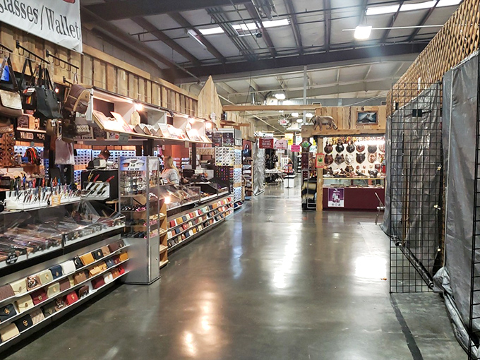 This immaculately organized aisle showcases the more upscale side of flea market finds&mdash;leather goods and collectibles displayed with boutique-worthy precision.