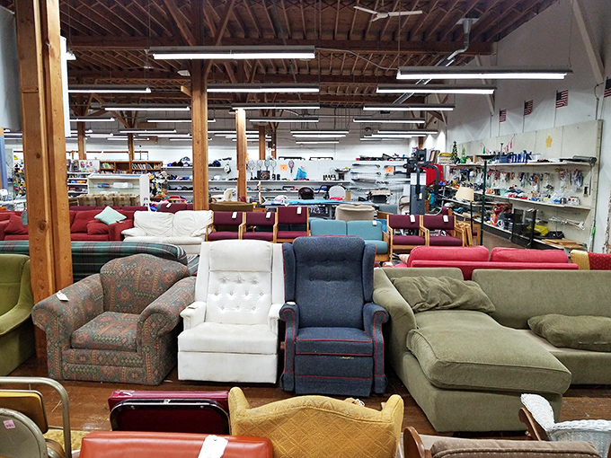 An armchair convention spreads across the showroom floor, each seat offering a different flavor of comfort at secondhand prices.