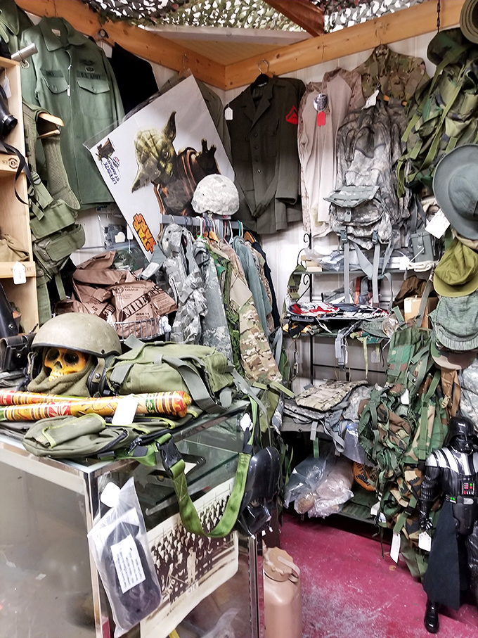 Military memorabilia meticulously preserved, honoring service through the decades. Each uniform and helmet represents someone's courage and sacrifice.