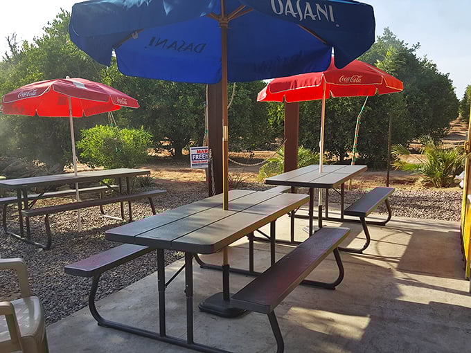 Desert dining at its finest. Those umbrella-shaded picnic tables become the best seats in Arizona once your food arrives.