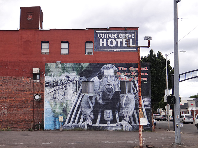 This massive mural of Buster Keaton from "The General" isn't just street art&mdash;it's Cottage Grove's way of saying, "Yes, Hollywood, we've been ready for our close-up since 1926."