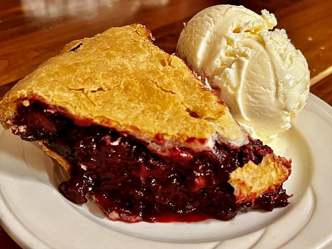Olallieberry pie with vanilla ice cream &ndash; the kind of dessert that makes you plan your next visit immediately.