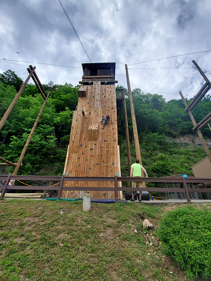 The climbing wall offers above-ground adventure after exploring below. From stalactites to heights&mdash;Meramec Caverns covers all dimensions of outdoor fun.