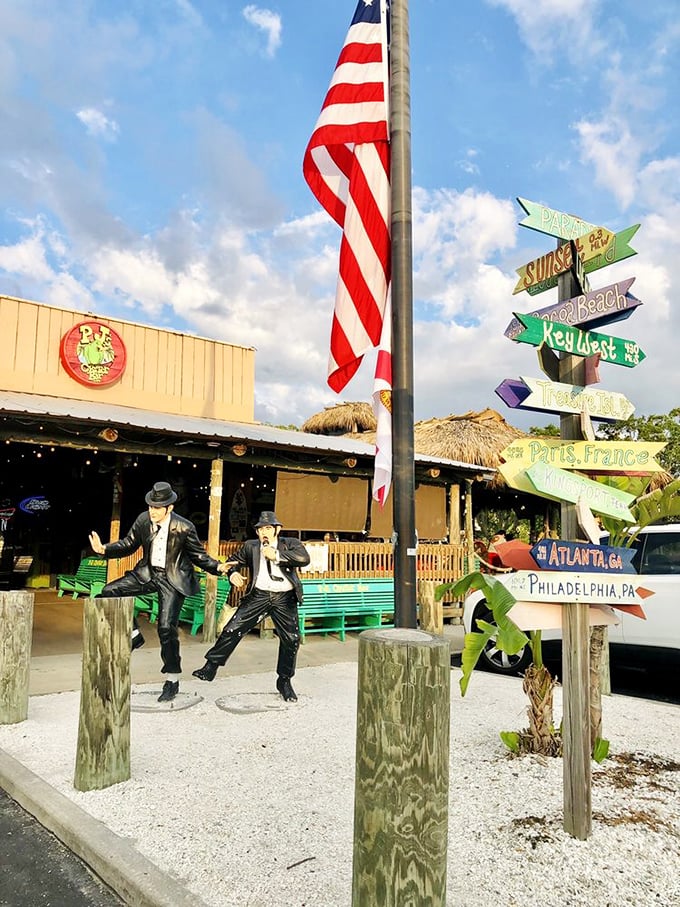 Blues Brothers statues stand guard outside, while colorful directional signs remind you that great seafood is the ultimate destination at P.J.'s.