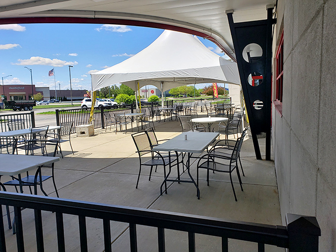 The outdoor patio at Las Palmas offers the perfect setting for enjoying your burrito with a side of vitamin D and people-watching.