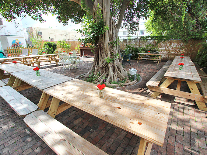 The outdoor seating area, shaded by a majestic tree, offers the perfect setting for contemplating how many grilled cheeses is too many.