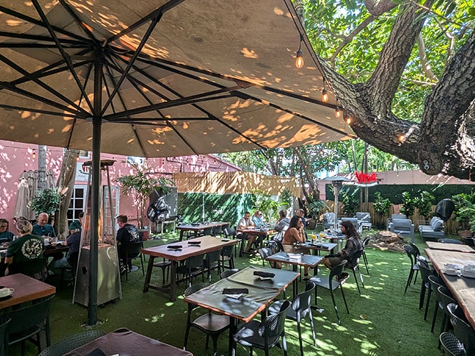 Dappled sunlight filters through tree branches onto this garden dining area. Nature providing the perfect mood lighting for your Argentine feast.