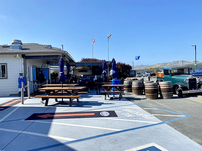 Blue umbrellas, picnic tables, and the promise of seafood excellence. The perfect California coastal dining room under an endless sky.
