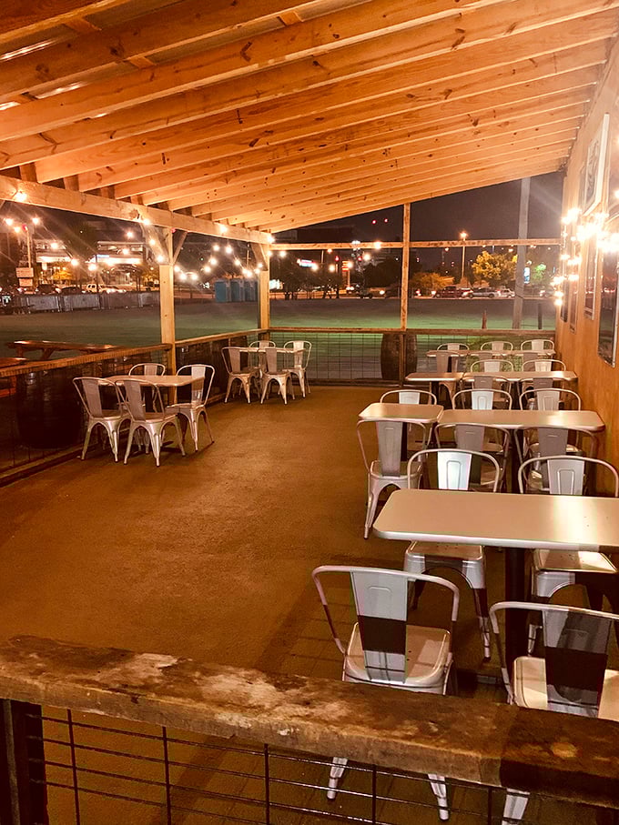 Evening transforms the outdoor seating into a peaceful oasis. After the races, there's no better place to dissect the day's wins and losses.