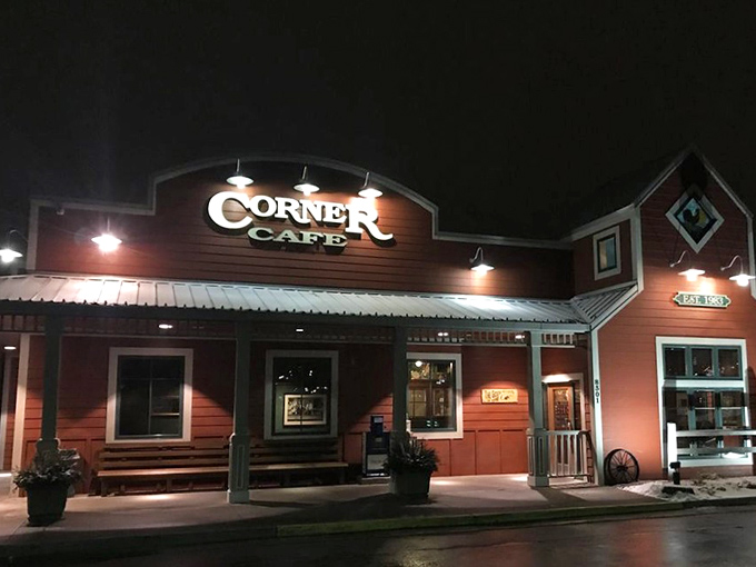 Even at night, the Corner Cafe's warm glow serves as a beacon for comfort food seekers&mdash;proof that breakfast cravings know no time constraints.