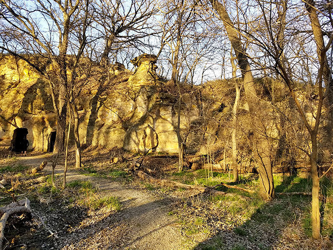 Golden hour transforms these sandstone bluffs into nature's own light show, proving Kansas sunsets look even better with caves in the foreground.