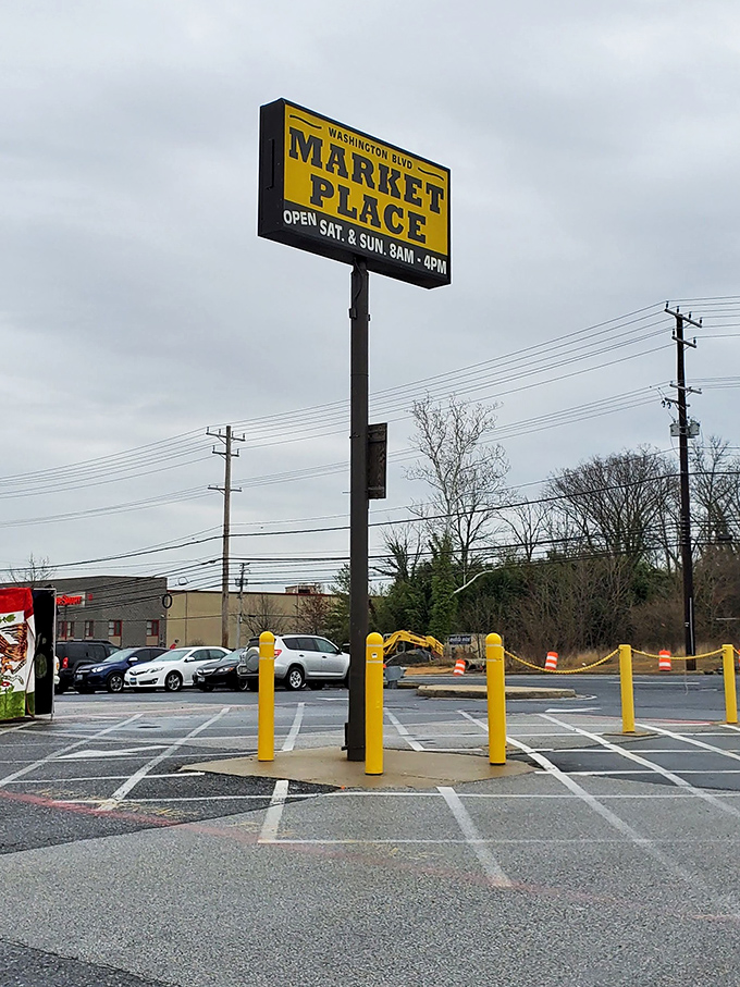 The iconic yellow sign beckons weekend warriors from miles around, promising Saturday and Sunday adventures for Maryland's most dedicated shoppers.