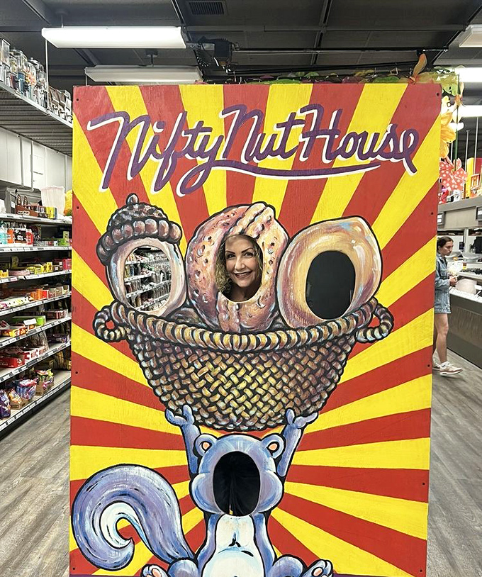 A photo cutout that invites you to become part of the Nifty Nut House family. Because nothing says "I was here" like your face in a giant pretzel.