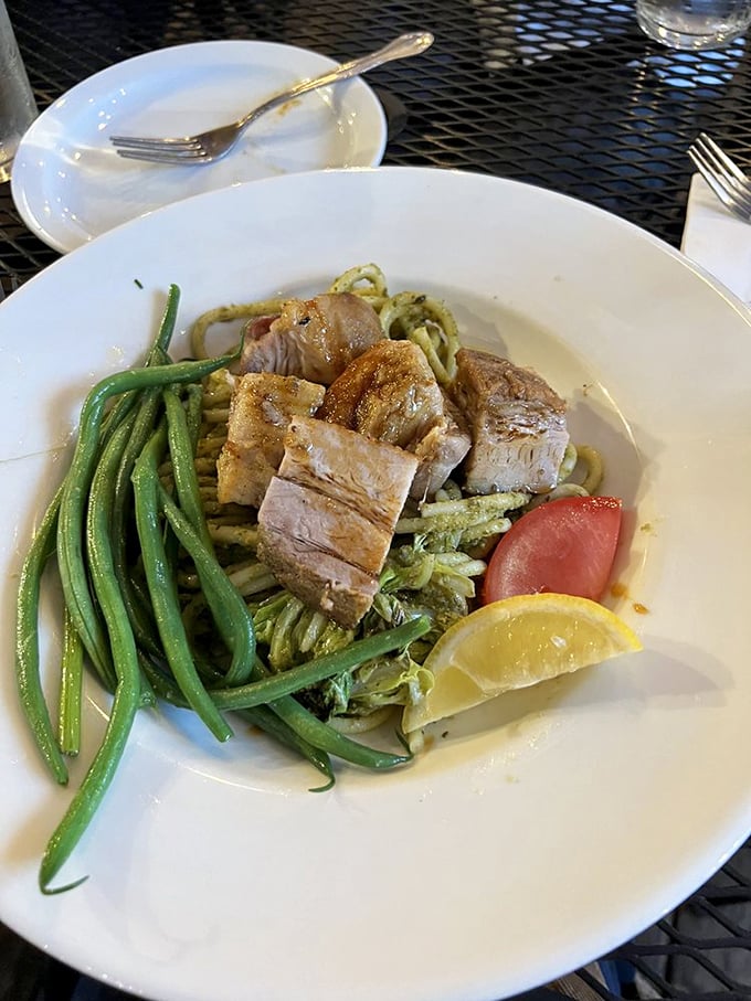 Tender pork belly meets al dente pasta with fresh green beans adding color and crunch to this surprisingly sophisticated dinner offering.