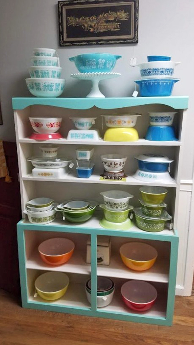 The holy grail for vintage kitchenware enthusiasts&mdash;Pyrex bowls in colors that defined mid-century kitchens, each pattern a time capsule of American dining.