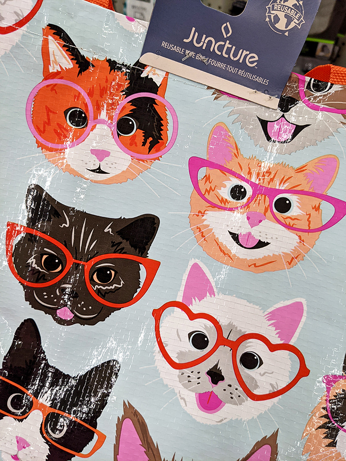 Cat squad goals on reusable shopping bags. These bespectacled felines bring personality to grocery runs while saving the planet one shopping trip at a time.