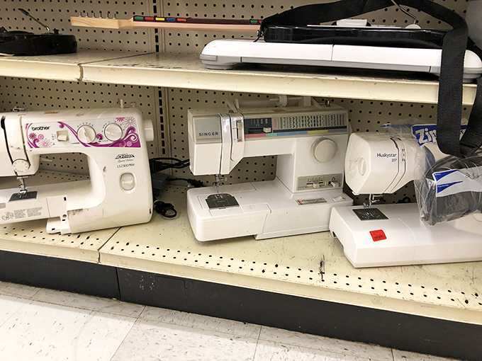 Abandoned sewing machines lined up like retired astronauts, ready for their next mission in someone's craft room or home business.