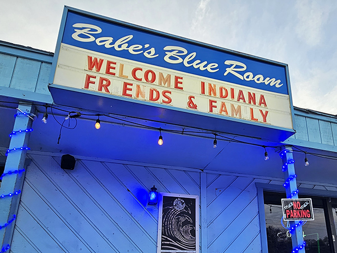 Blue hour at the Blue Room. As dusk falls, the illuminated sign welcomes Hoosiers and locals alike to this beloved Ormond Beach institution.