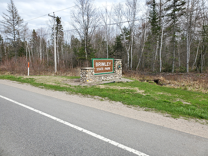 The unassuming entrance sign to Brimley State Park&mdash;gateway to experiences that make visitors wonder why they ever vacation anywhere else.
