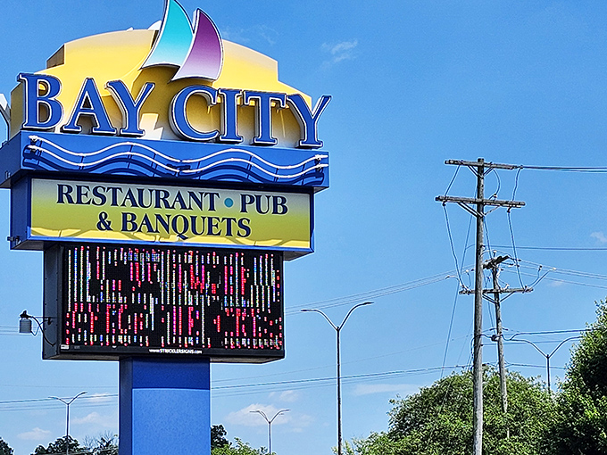 The Bay City sign stands tall against the Pennsylvania sky – a beacon for seafood lovers from miles around.
