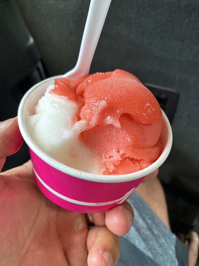 The perfect split of strawberry and vanilla sorbet looks like Florida's sunset captured in frozen form&mdash;refreshing, vibrant, and impossible to resist on a hot day.