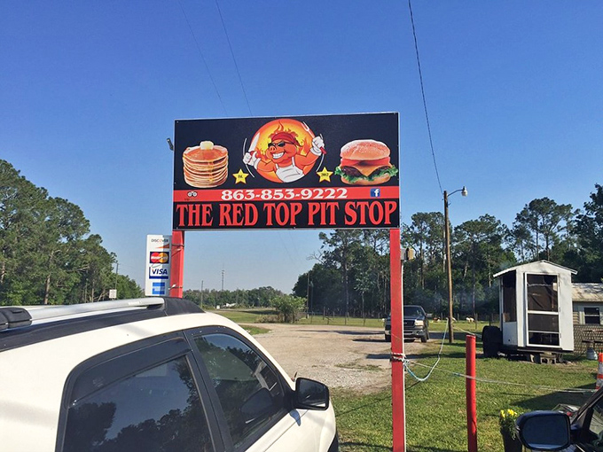 A sign that promises exactly what awaits&mdash;no marketing team required when your pancakes and burgers can speak for themselves.