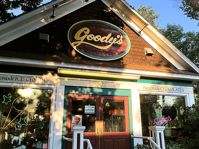 Golden hour at Goody's. When the evening sun hits that sign just right, it's practically whispering, "Come in for dessert."