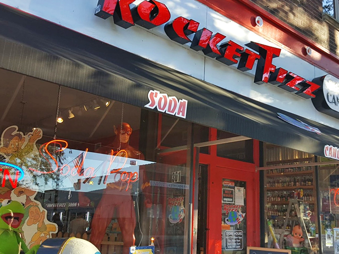The Rocket Fizz sign glows with the promise of carbonated adventures, beckoning sugar enthusiasts like a lighthouse guides ships to safe harbor.