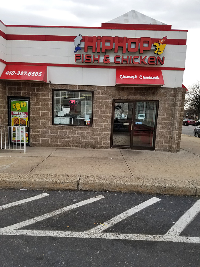 Hip Hop's storefront promises "Chicago Cuisine" with Baltimore soul. That $9.99 special sign might be the best real estate investment in town.