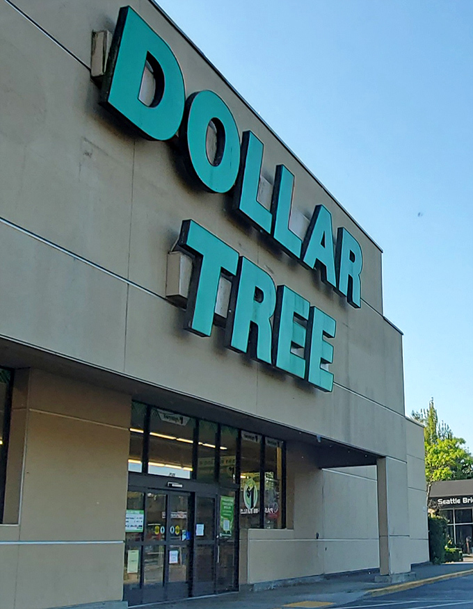 The Dollar Tree storefront stands proudly against a blue sky, a monument to the proposition that good deals still exist in this world.
