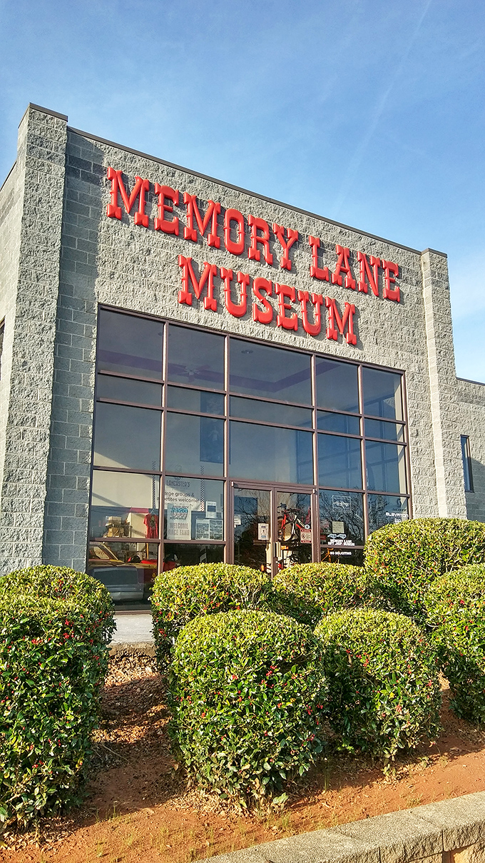 Memory Lane's bold red signage against Carolina blue skies promises automotive adventures that deliver far more than the modest exterior suggests.