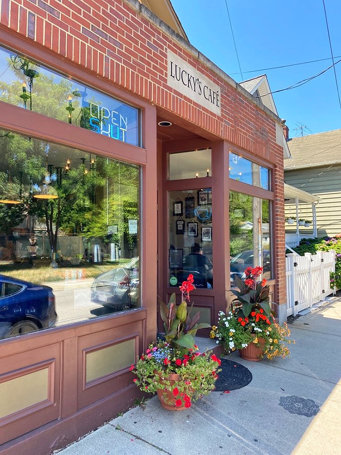 Flower pots bursting with color frame Lucky's entrance like nature's welcome committee. That "OPEN" sign might be the happiest sight in Cleveland.