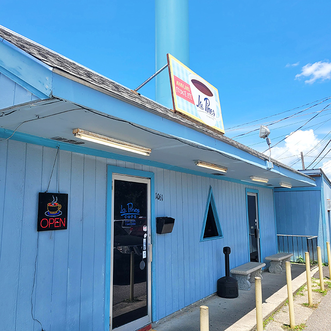 That neon "OPEN" sign might as well say "HEAVEN" &ndash; the blue exterior is like a beacon of breakfast hope on Slidell's horizon.