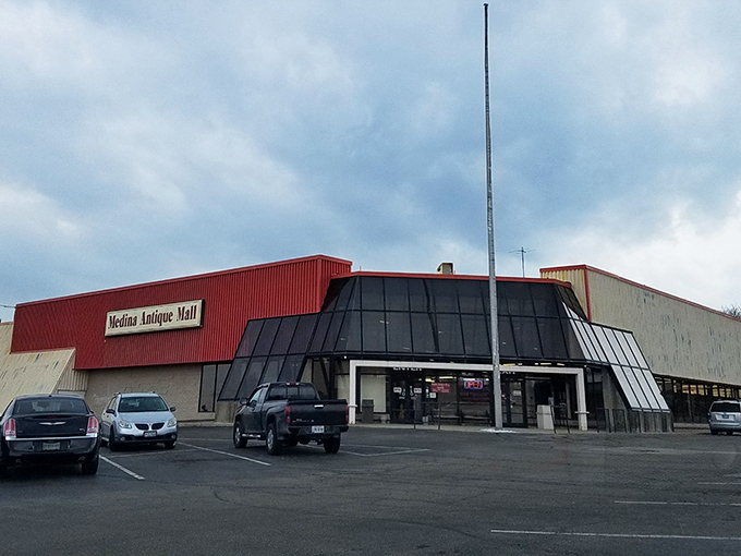 The distinctive silhouette of Medina Antique Mall against an Ohio sky&mdash;a modern ark preserving the treasures of yesterday.