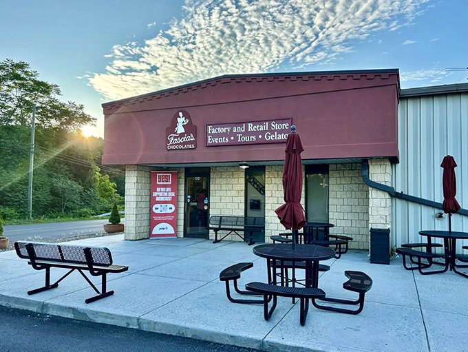 Sunset casts a golden glow on Fascia's entrance, nature's way of highlighting Connecticut's temple of chocolate temptation.
