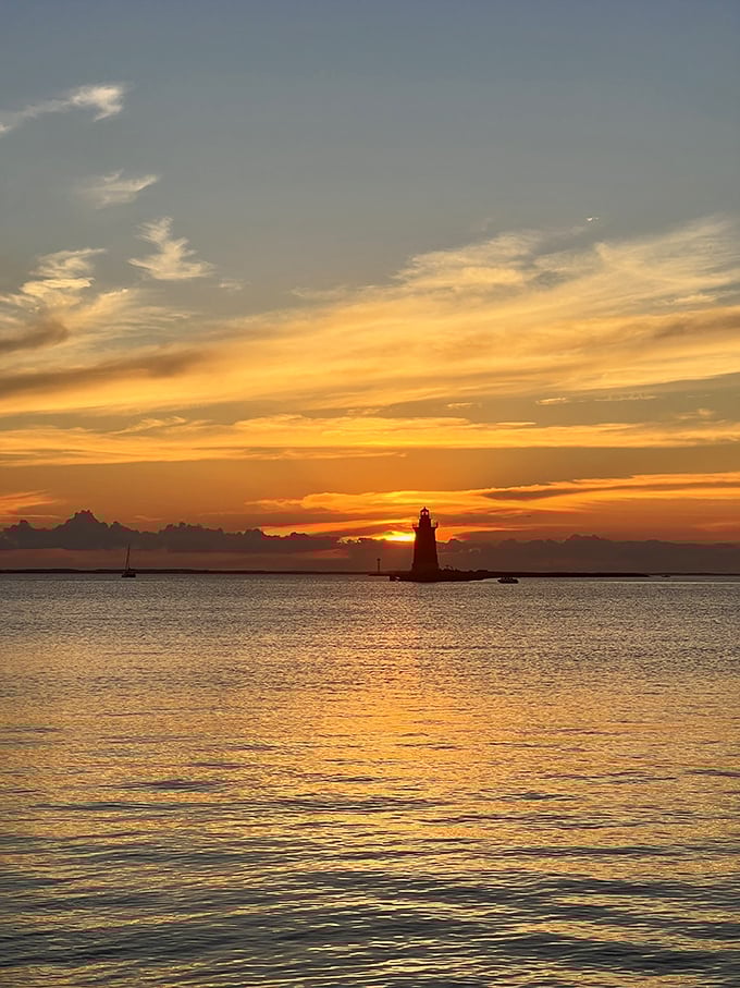 The daily farewell performance that never gets old. Cape Henlopen's lighthouse silhouetted against a sky painted in impossible oranges and golds.