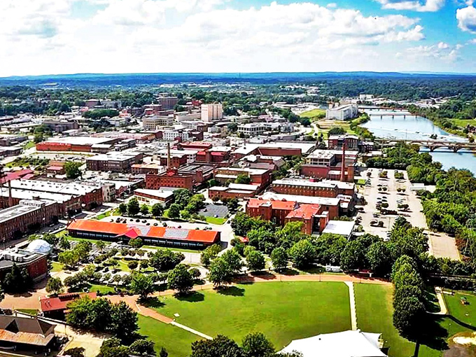 From above, Danville reveals itself as a perfect blend of urban convenience and natural beauty, with the Dan River winding through like a blue ribbon.