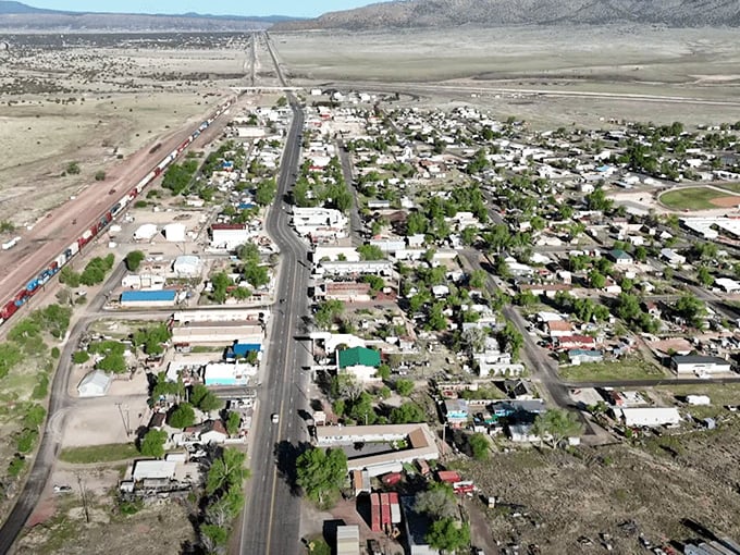 From above, Seligman reveals itself as an oasis of green and civilization amid the vast Arizona landscape—a human exclamation point in nature's run-on sentence.